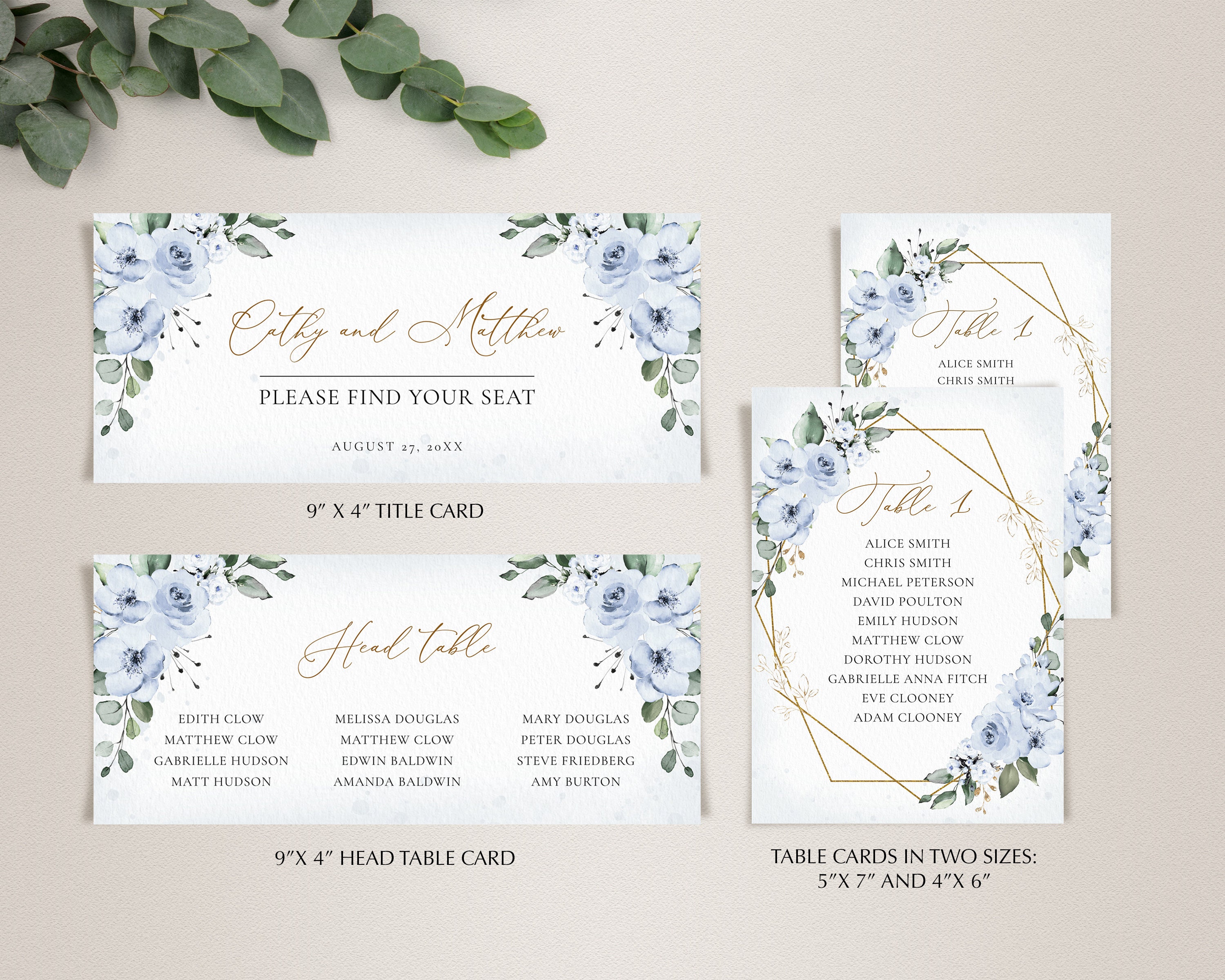 Dusty Blue Roses Wedding Seating Cards Template (printable, Editable ...
