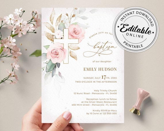 Light Pink Baptism Invitation Template Printable First Holy - Etsy