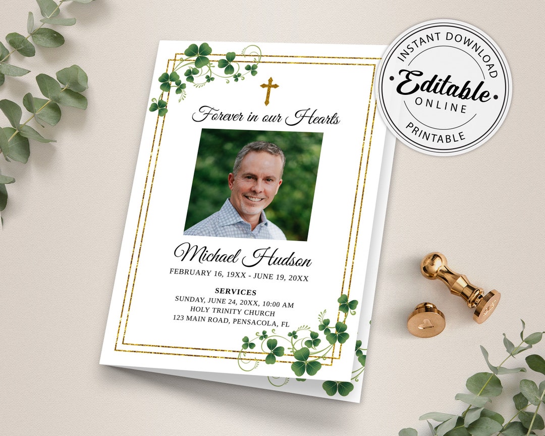 Funeral Program Template With Shamrocks, Editable Irish Memorial ...