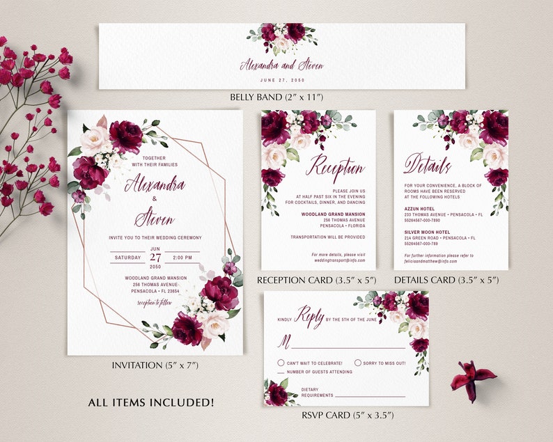 Burgundy Floral Wedding Invitation Template Set Wedding | Etsy