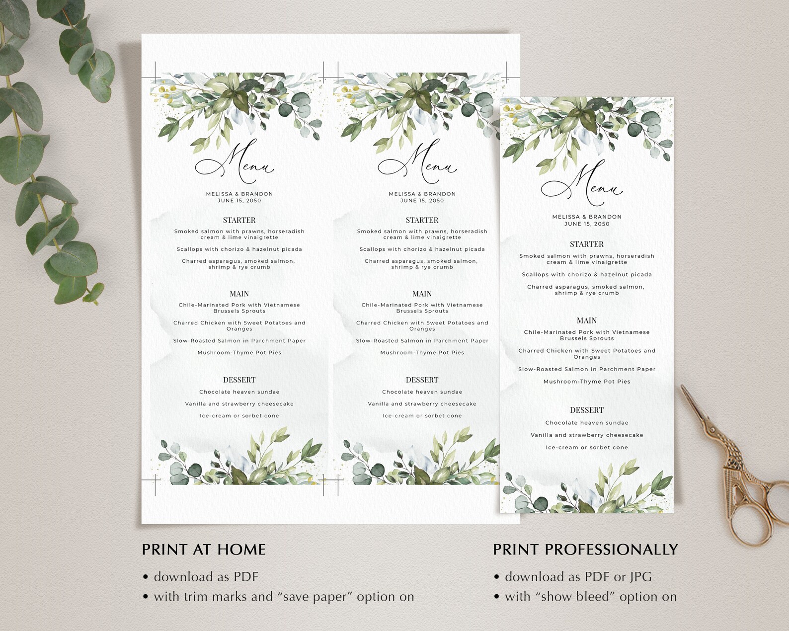 Greenery Menu Template With Eucalyptus wedding, Bridal Shower, Dinner ...