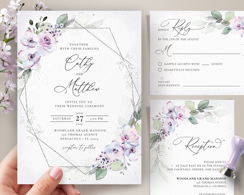 Lavender Wedding Invitation Template Set Wedding Invite | Etsy