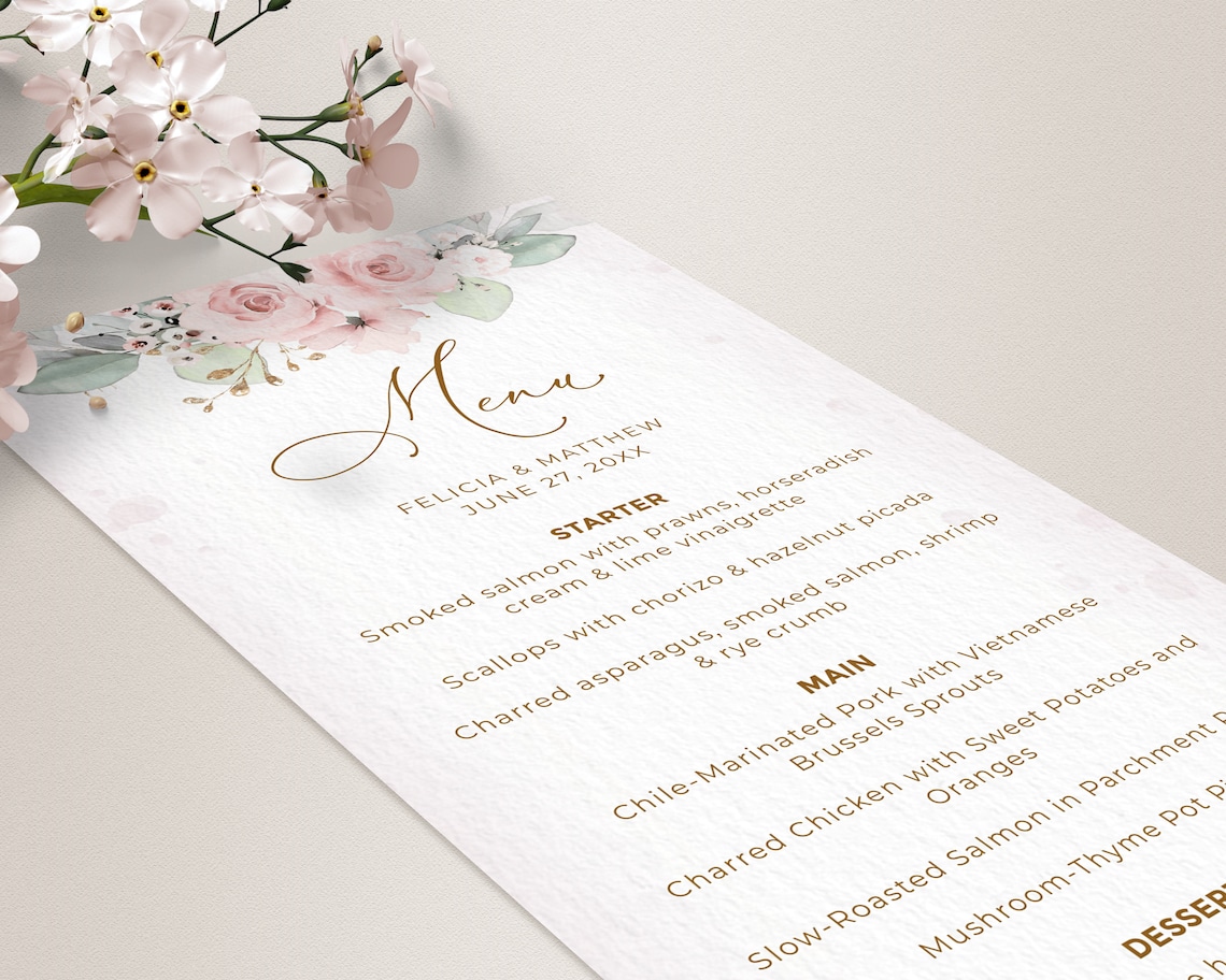 Menu Template With Pink Roses wedding Bridal Shower - Etsy