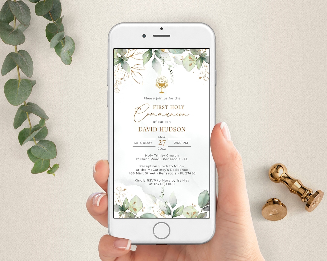 Electronic Greenery First Holy Communion Invite Template, Smartphone ...