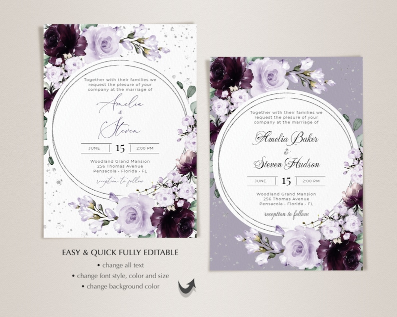 Purple Wedding Invitation Template Set, Wedding Invite With Purple and ...