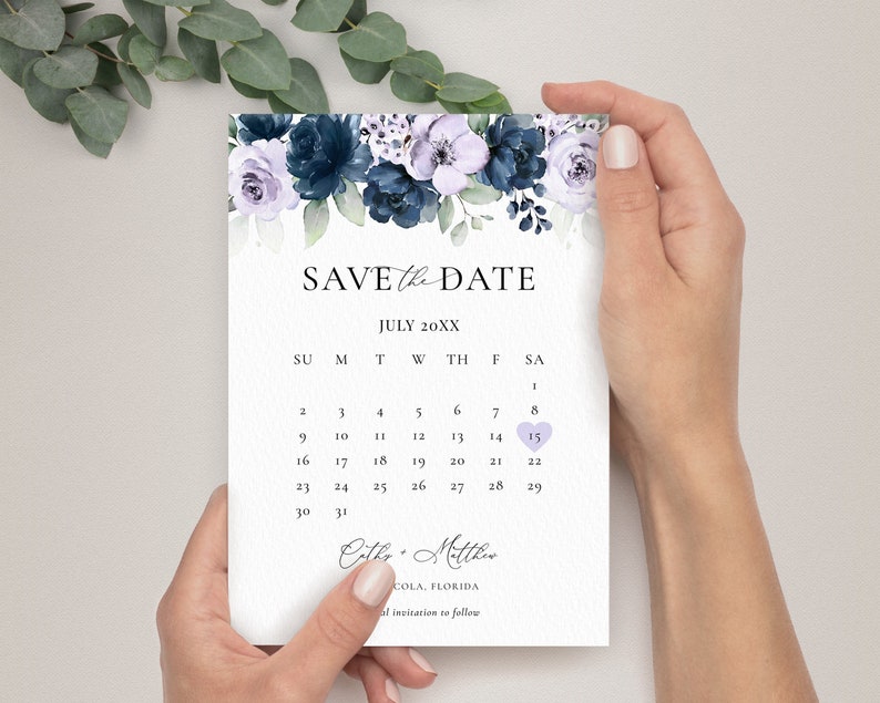 Lavender and Navy Blue Calendar Wedding Save the Date Template ...