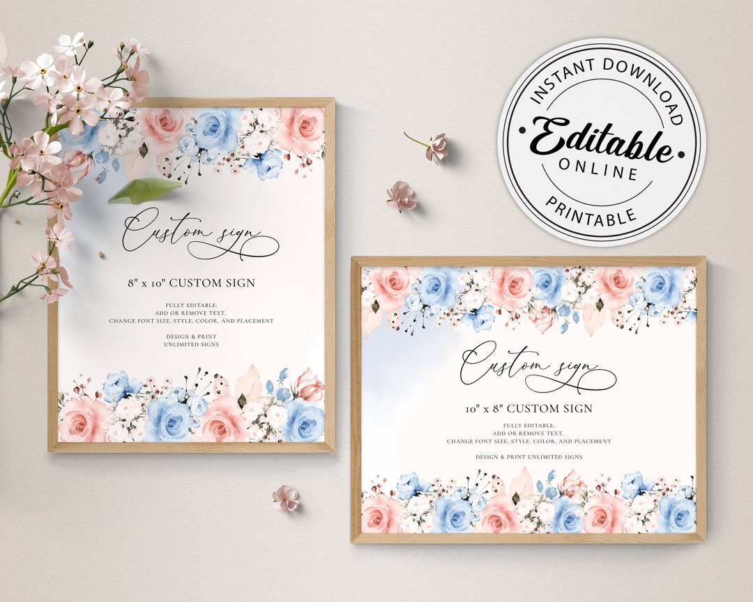 Custom Sign Template With Blue and Blush Pink Roses, Portrait and ...