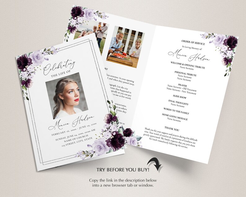Purple Funeral Program Template Memorial Program Template - Etsy