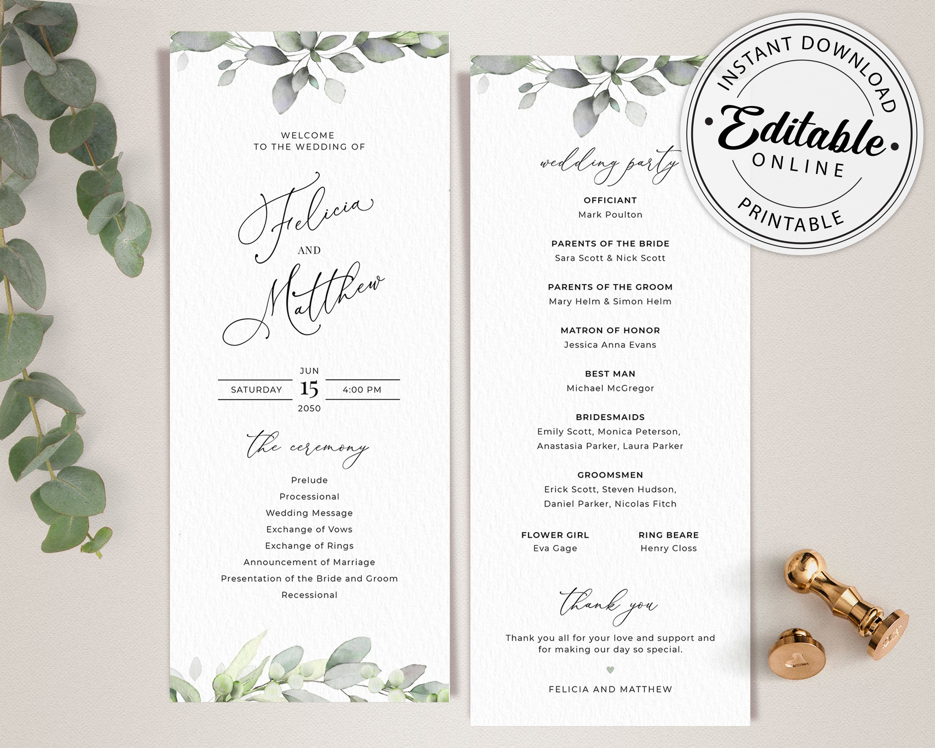 Boho Greenery Wedding Program Template Bohemian Program - Etsy