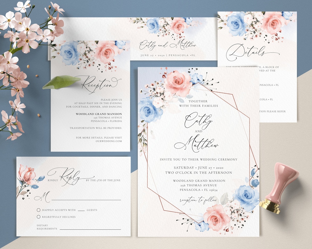 Blue and Blush Pink Rose Wedding Invitation Template Suite (digital ...