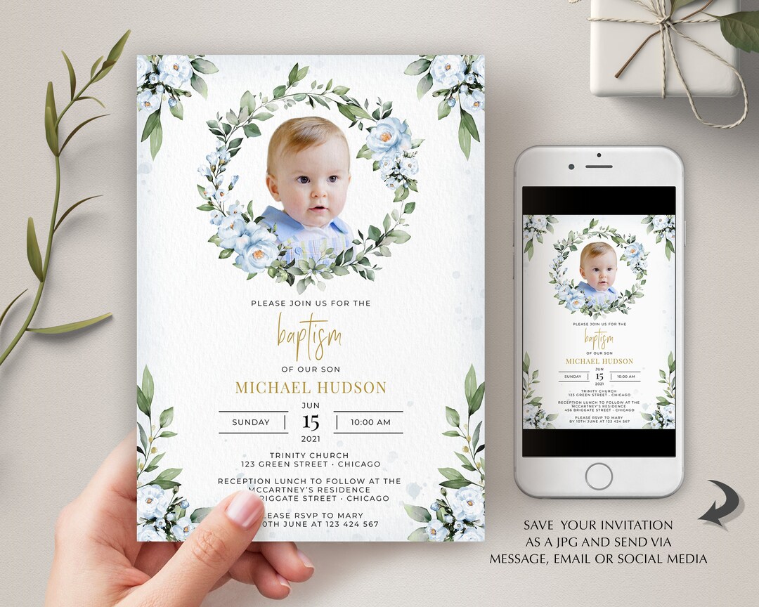 Blue Baptism Invitation Template With Photo First Holy - Etsy
