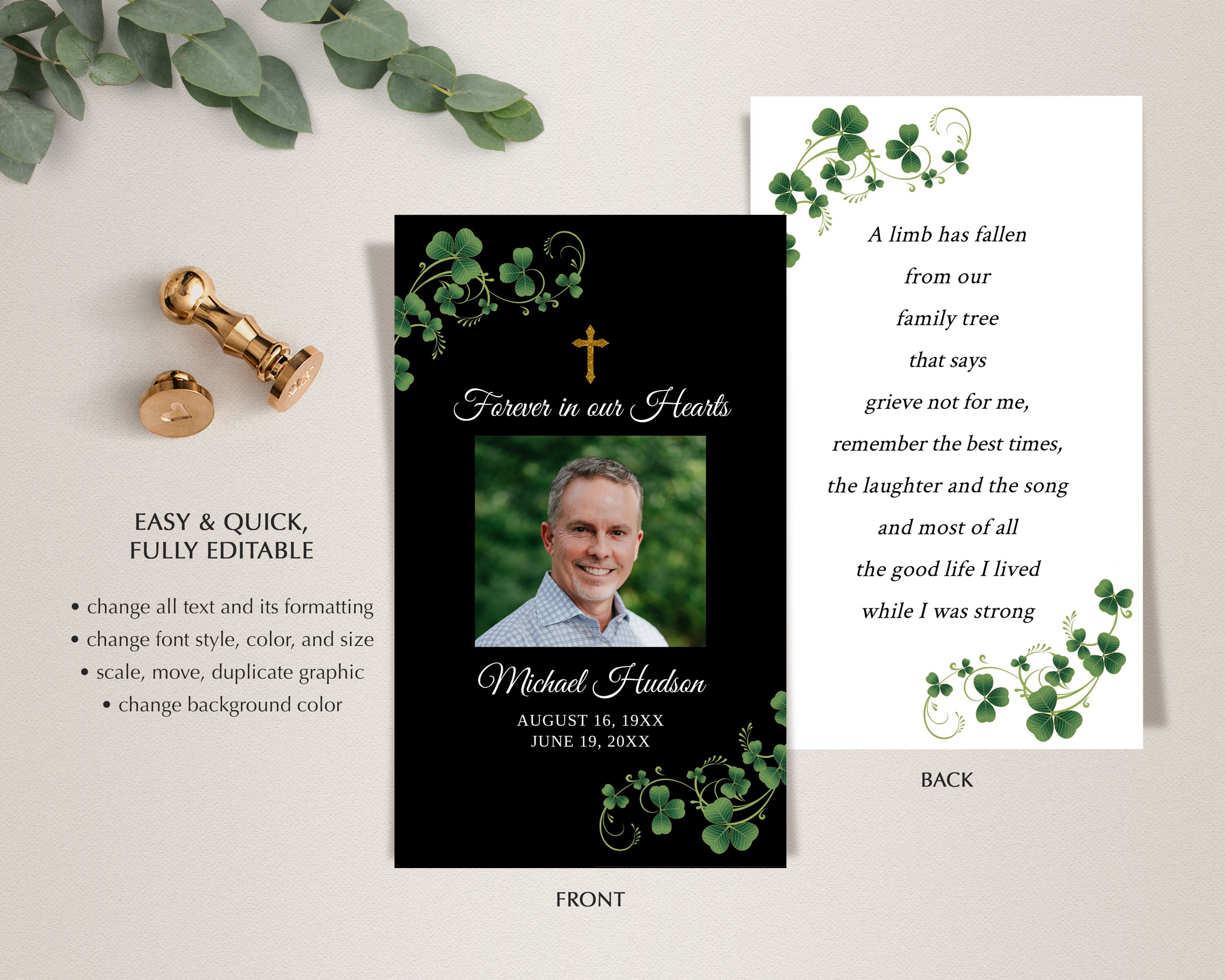 Editable Funeral Prayer Card Template With Shamrocks, Printable ...