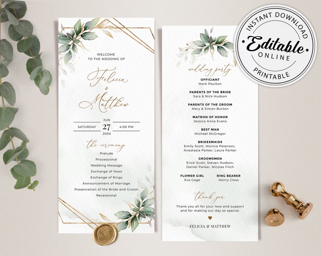 Greenery Wedding Program Template, Wedding Order of Service • INSTANT DOWNLOAD • Editable ...