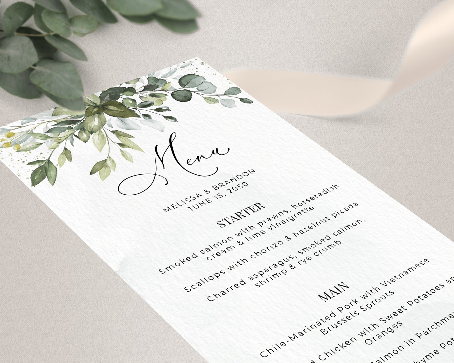 Greenery Menu Template With Eucalyptus wedding, Bridal Shower, Dinner ...