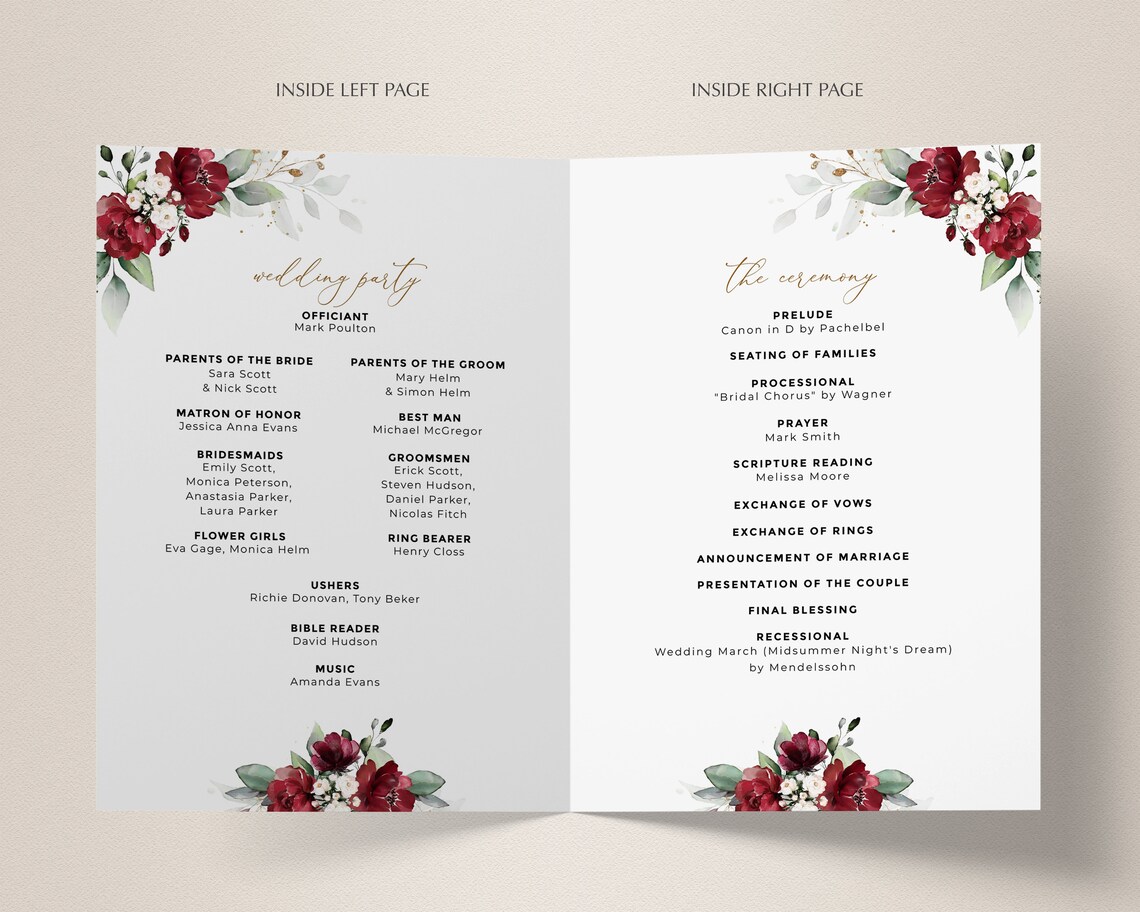 Bi-fold Wedding Program Template With Burgundy Roses Wedding - Etsy UK