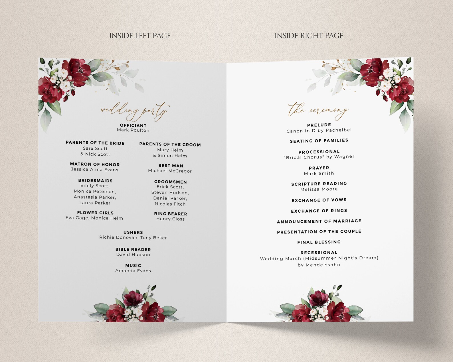 Bi-fold Wedding Program Template With Burgundy Roses Wedding - Etsy UK
