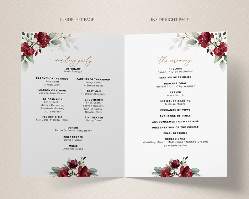 Bi-fold Wedding Program Template With Burgundy Roses, Wedding Order of ...