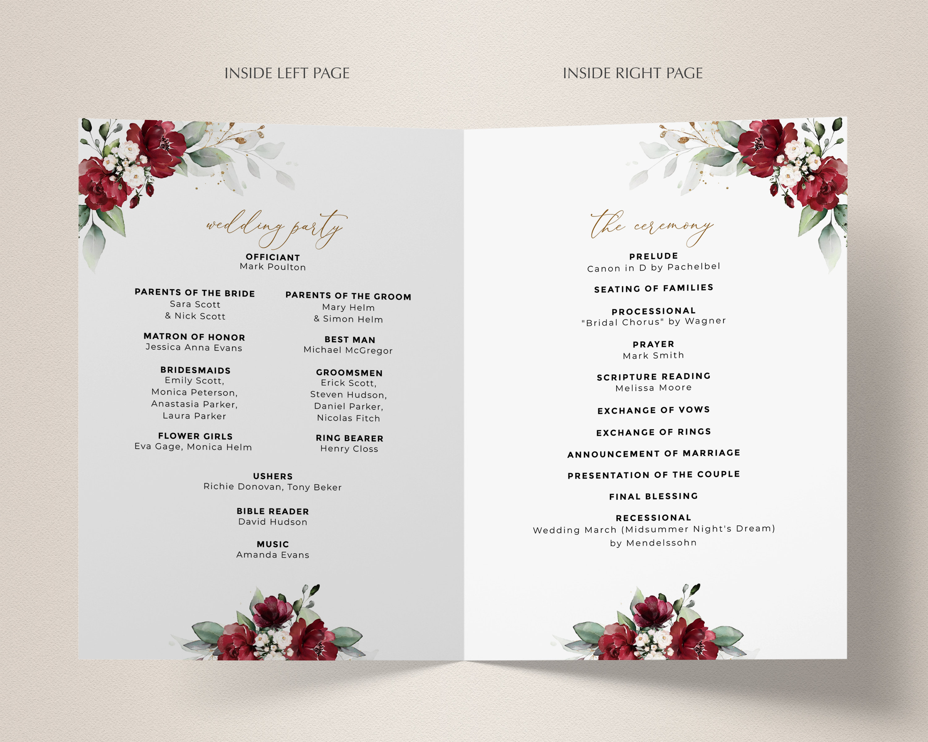 Bi-fold Wedding Program Template With Burgundy Roses Wedding - Etsy UK
