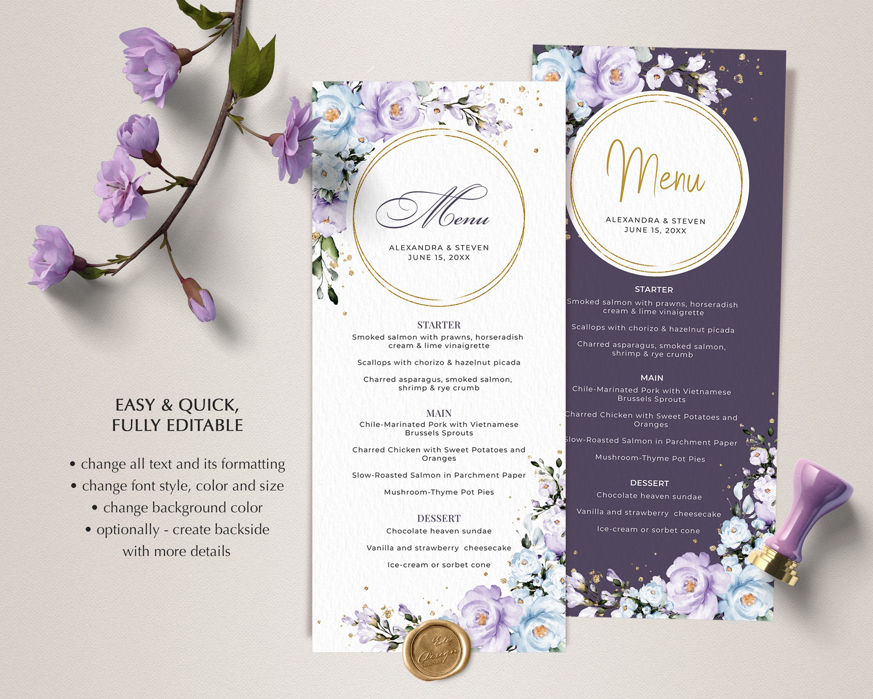 Lavender and Blue Menu Template wedding Bridal Shower - Etsy