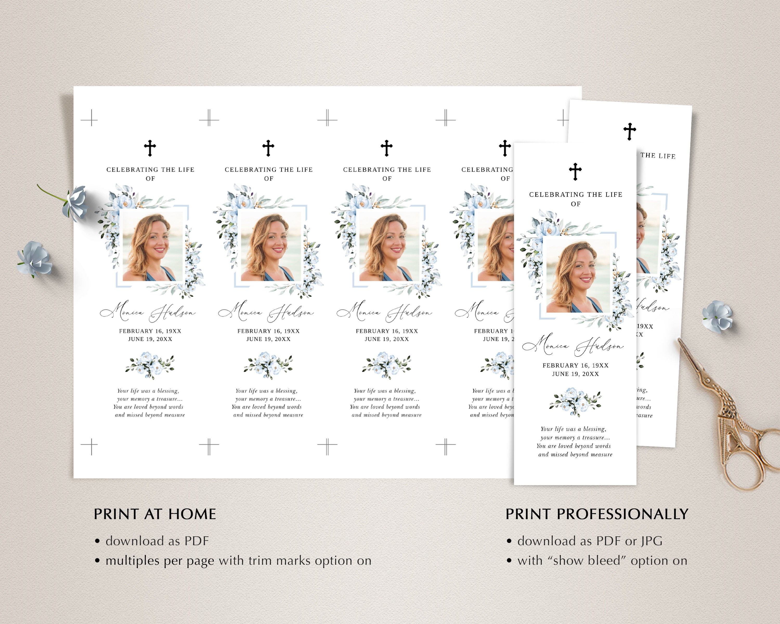 Light Blue Funeral Bookmark Template, Printable Bookmark, Funeral ...
