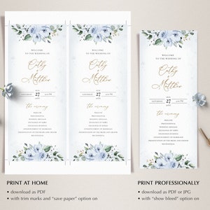 Blue Wedding Program Template, Printable Floral Wedding Program ...
