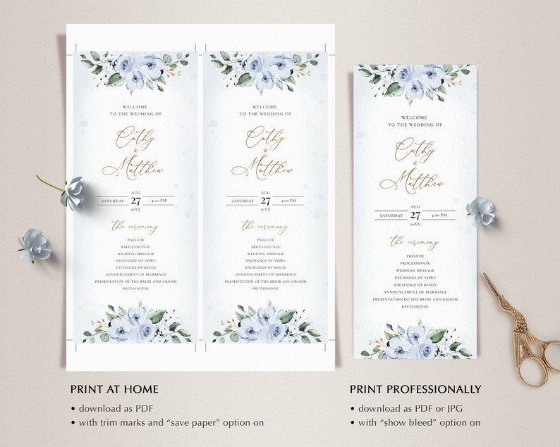 Blue Wedding Program Template, Printable Floral Wedding Program ...