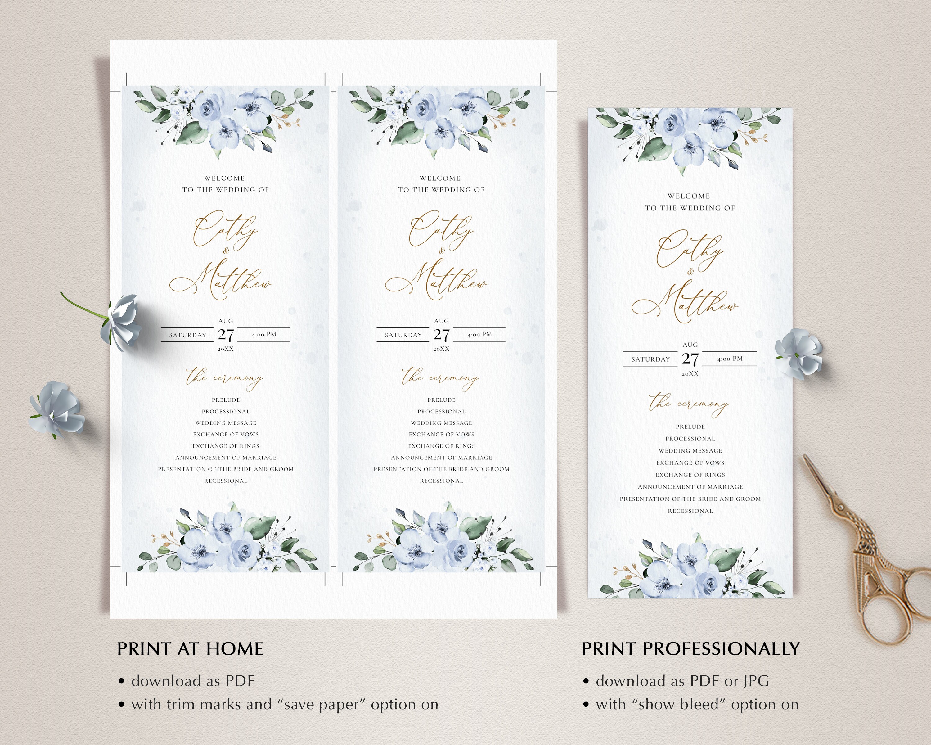Blue Wedding Program Template Printable Floral Wedding - Etsy
