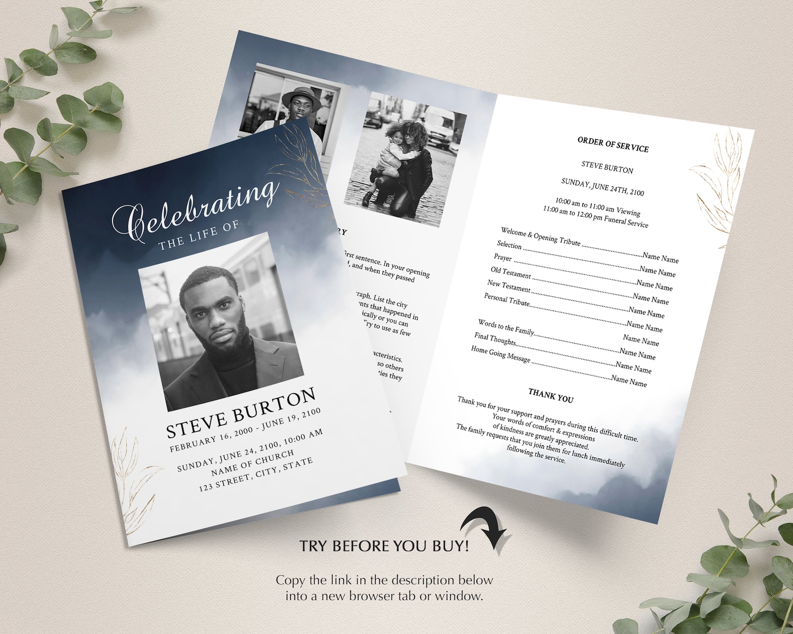 Blue Funeral Program Template | Memorial Program Template | Order of ...