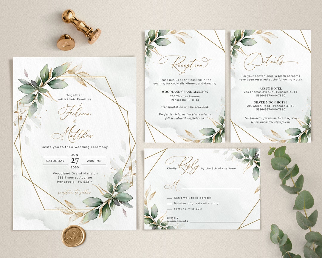 Greenery Wedding Invitation Template Set, Greenery Wedding Invitation ...
