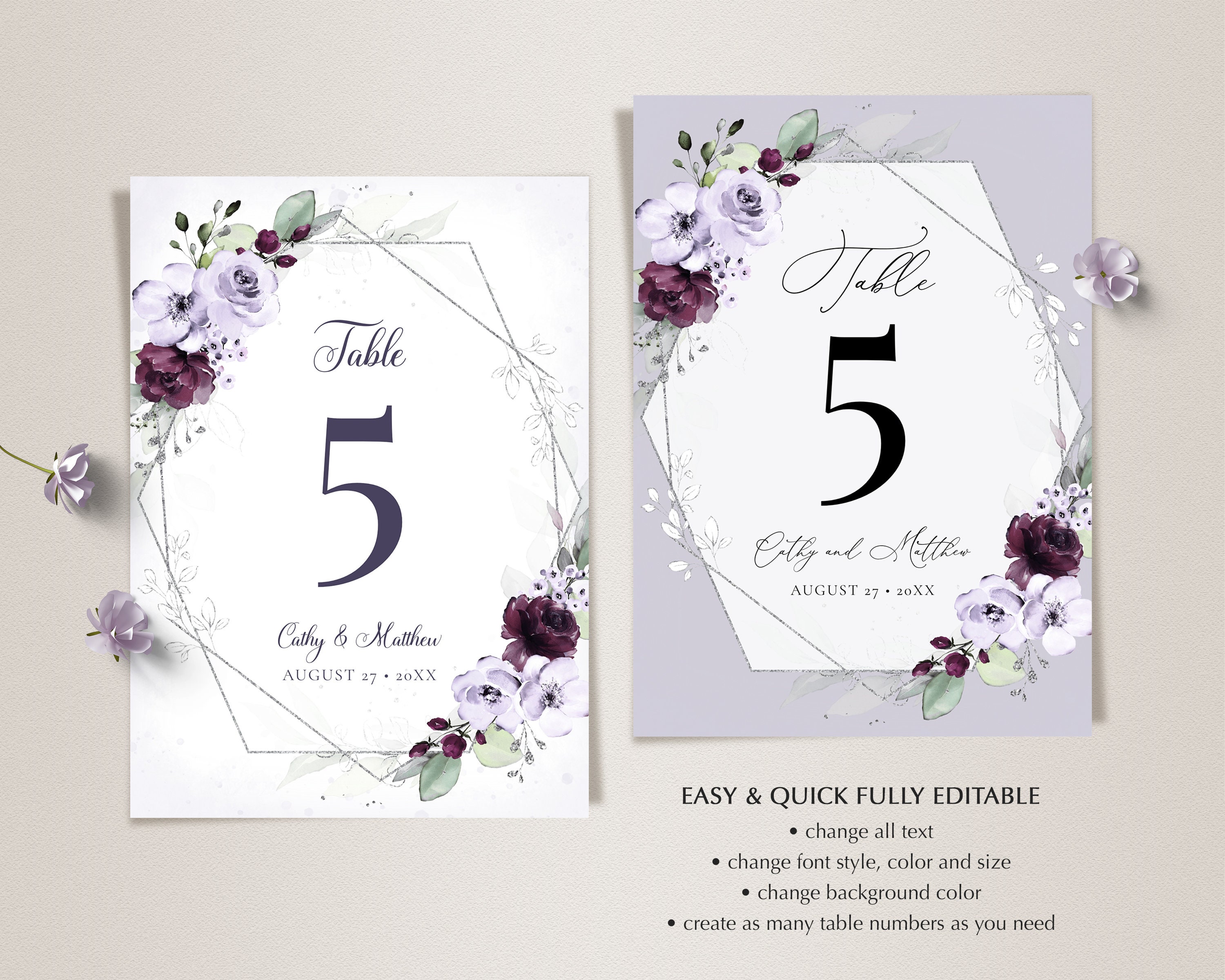 Lavender and Purple Wedding Table Numbers Template Floral - Etsy