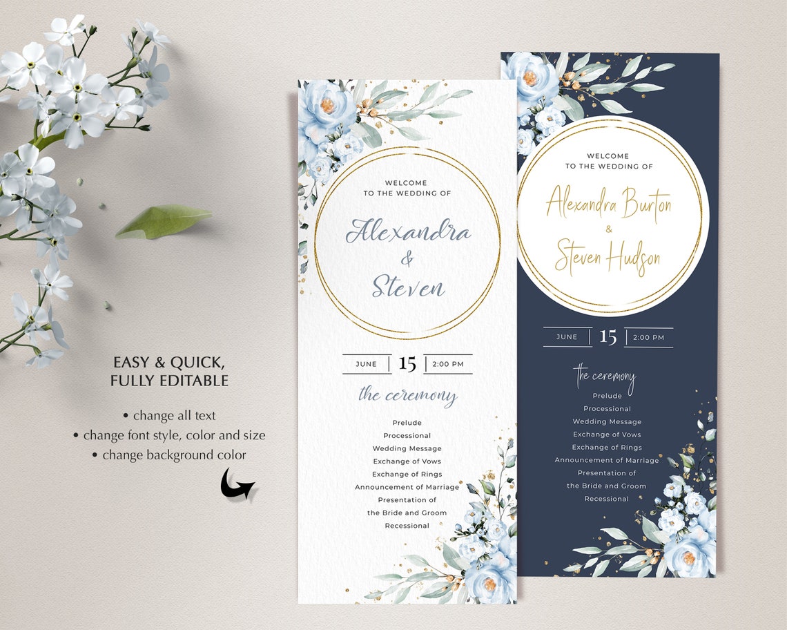 Blue Wedding Program Template Printable Floral Wedding | Etsy Canada