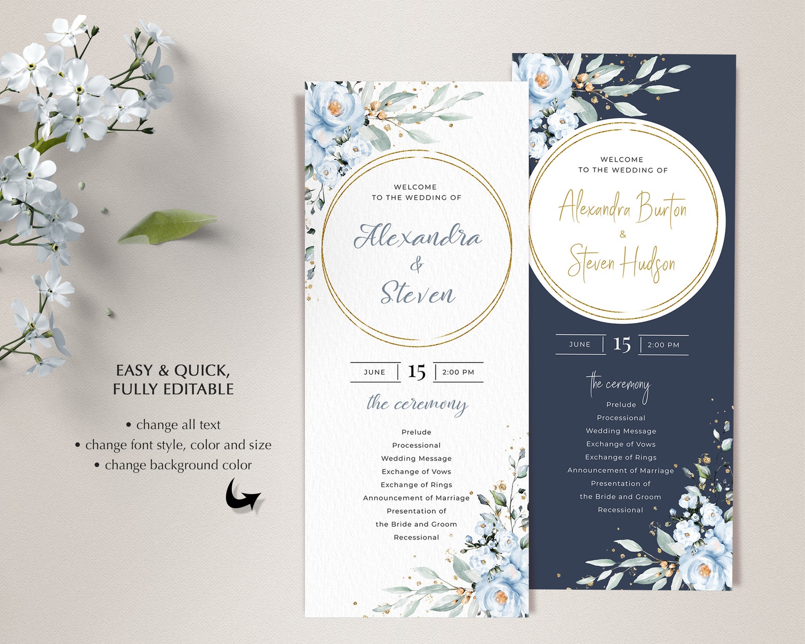 Blue Floral Wedding Program Template, Editable, Printable (instant ...