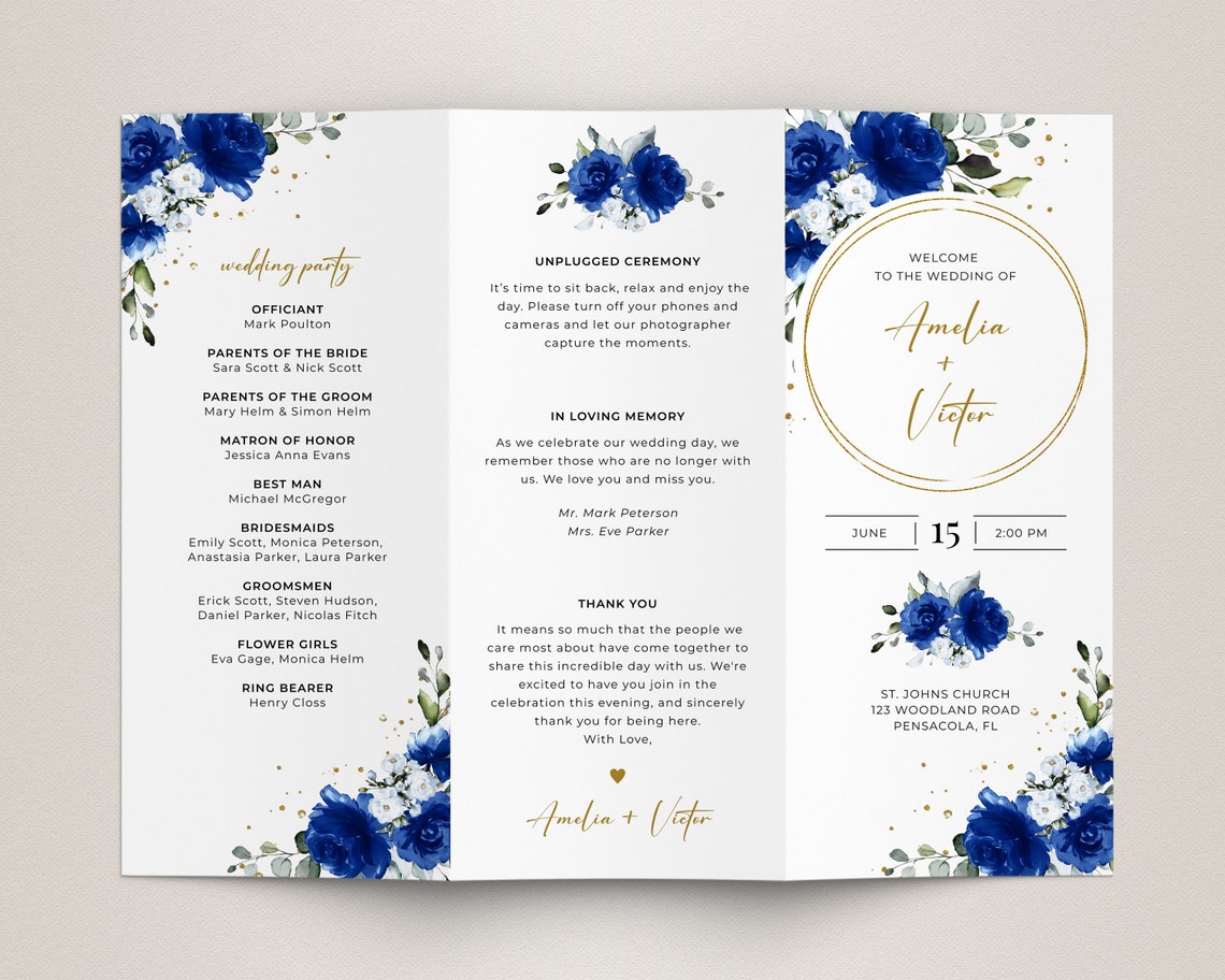 Trifold Royal Blue and Gold Wedding Program Template • INSTANT DOWNLOAD ...