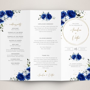 Trifold Wedding Program Template, Royal Blue and Gold Program Template ...