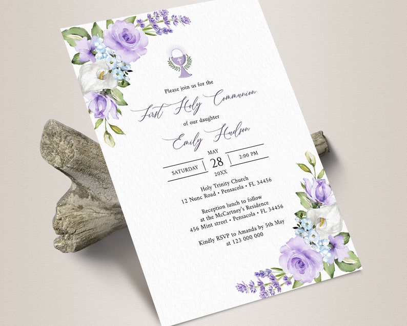 Lavender, White and Blue First Holy Communion Invitation Template ...