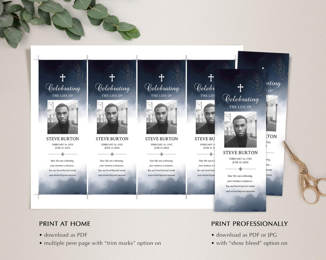 Navy Blue Funeral Bookmark Template, Editable Memorial Keepsake ...
