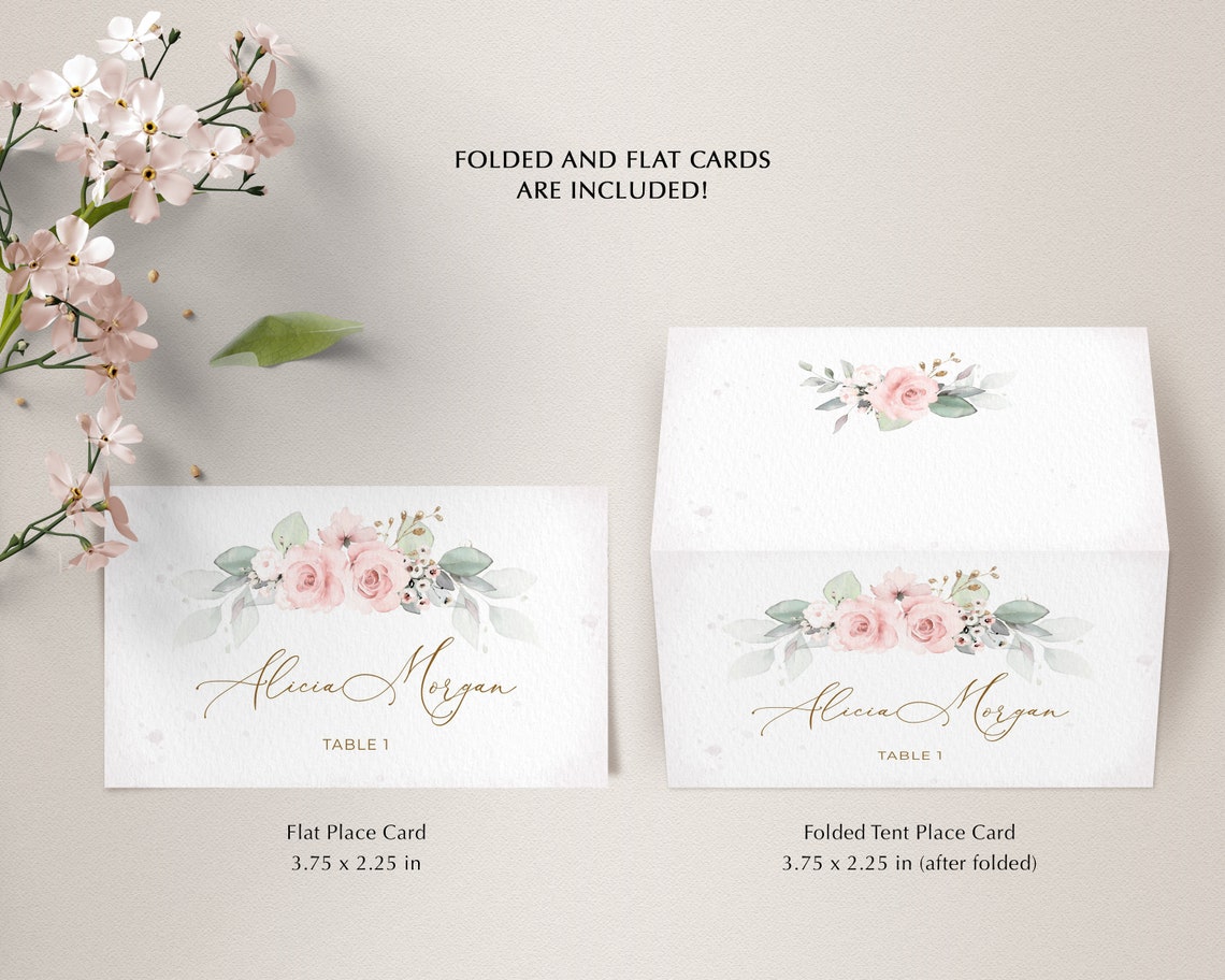 Light Pink Floral Place Card Template • Editable Printable Guest Name ...