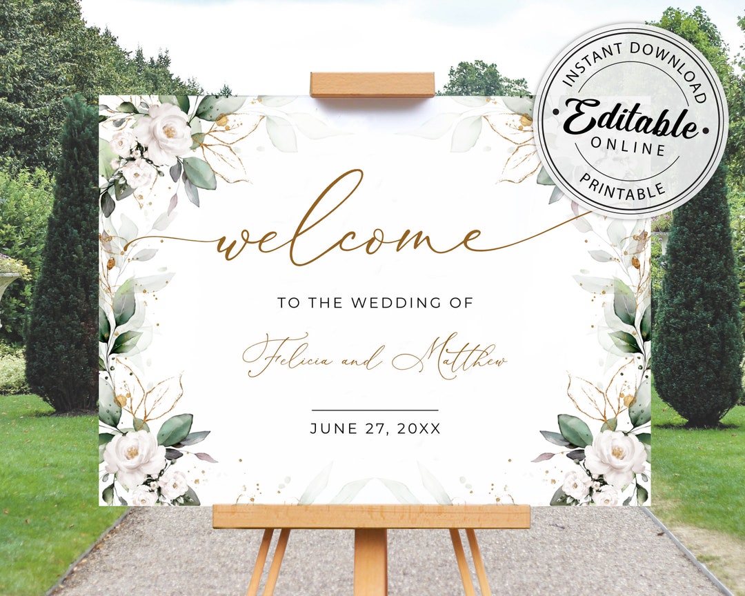 Boho Greenery Wedding Welcome Sign Template With White Roses INSTANT ...