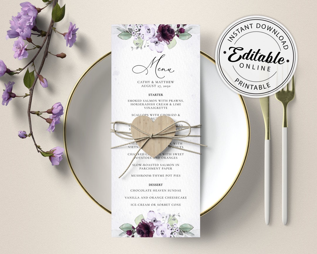 Lavender and Purple Menu Template (wedding, Bridal Shower, Dinner ...