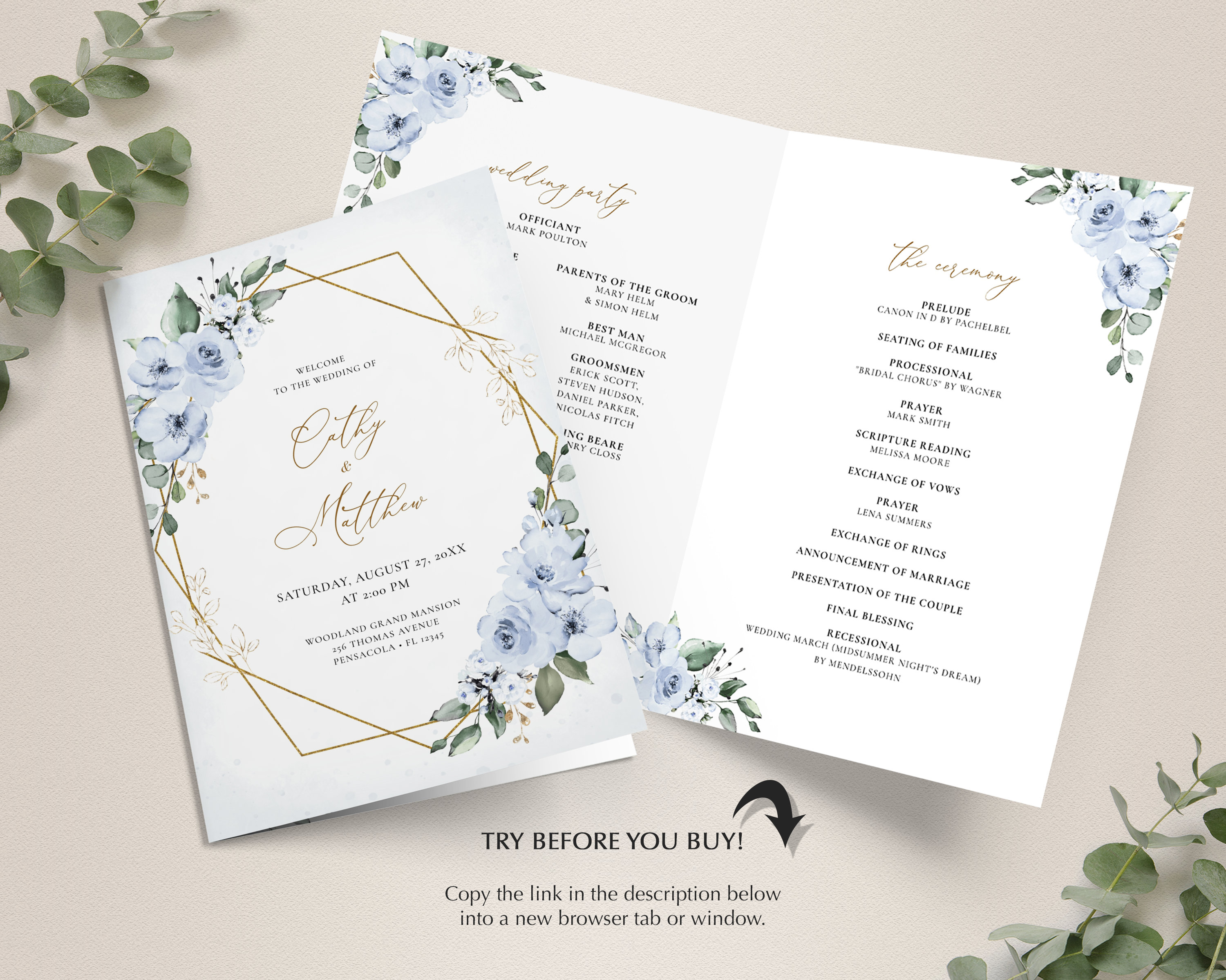 Folded Wedding Program Template With Dusty Blue Roses Wedding - Etsy