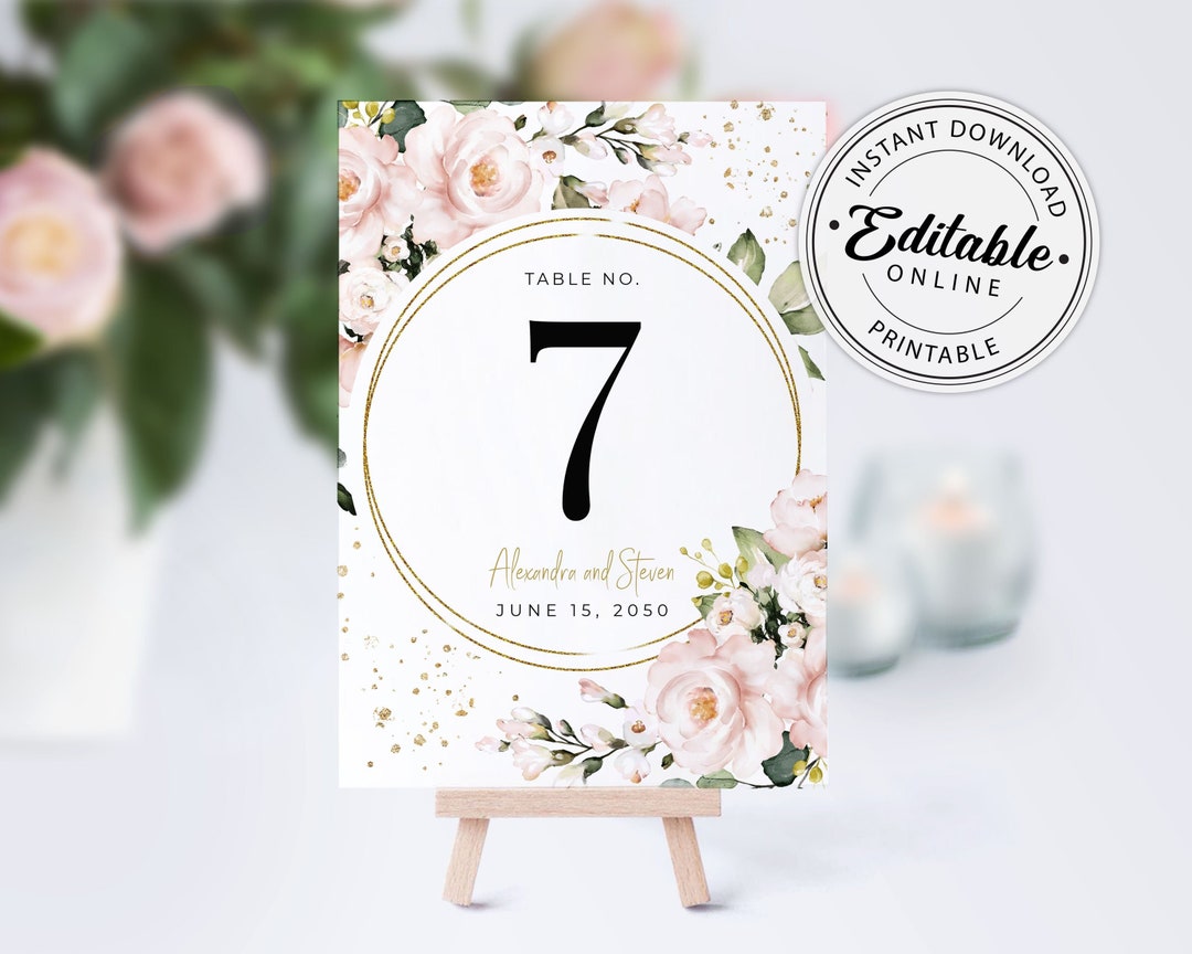 Blush Pink Wedding Table Numbers Template, Floral Table Number ...