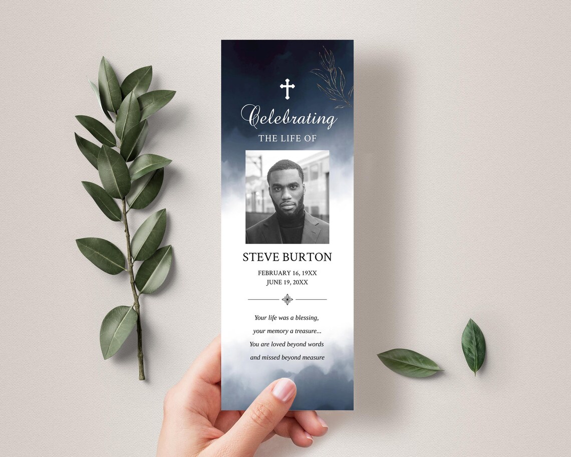 Navy Blue Funeral Bookmark Template Funeral Keepsake - Etsy