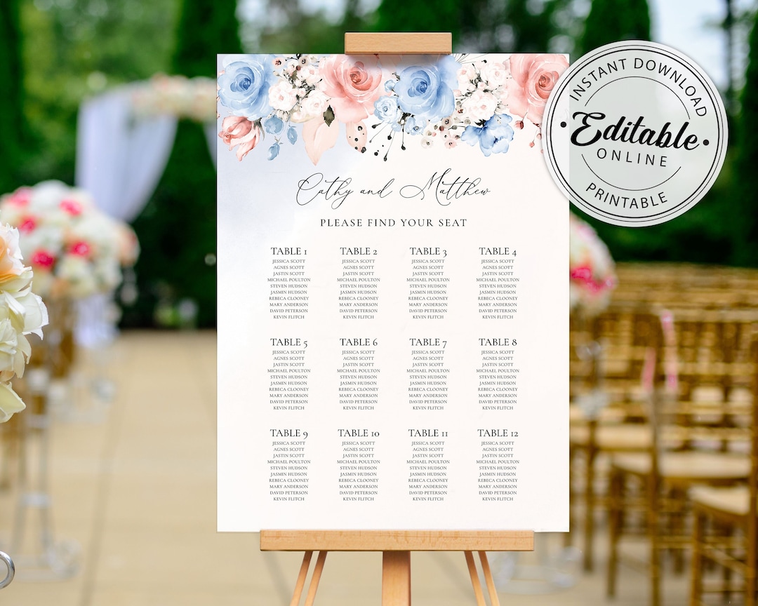 Blue and Blush Pink Seating Chart Template, Printable Table Plan • INSTANT DOWNLOAD • Editable ...