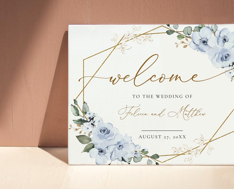 Geometric Wedding Welcome Sign Template With Dusty Blue Roses | Etsy
