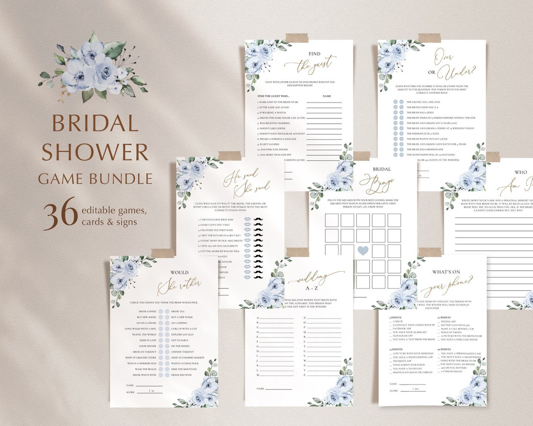 Dusty Blue Bridal Shower Game Bundle, 36 Printable Games (digital ...