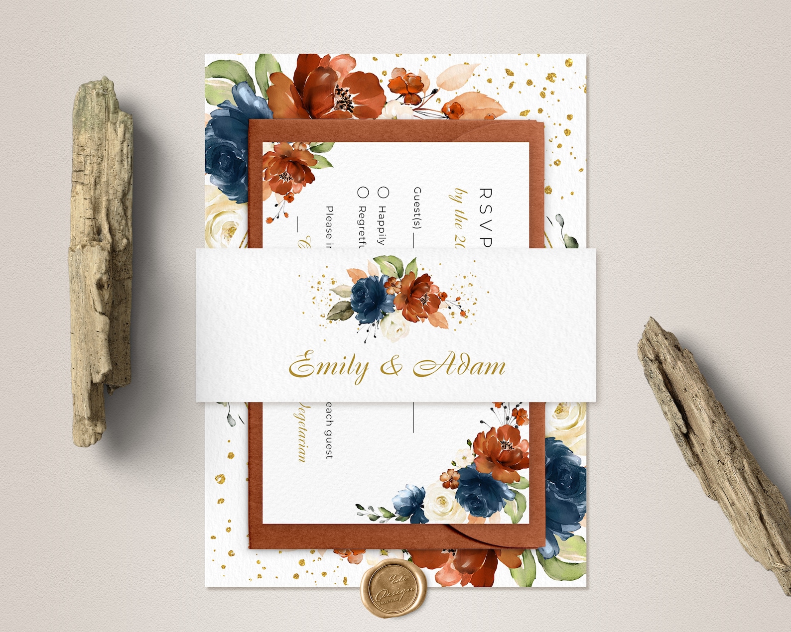 Terracotta, Navy Blue and Ivory, Wedding Invitation Template Bundle ...