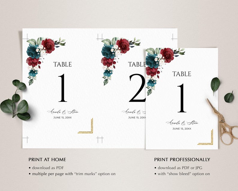 Burgundy and Dark Teal Table Numbers Template • INSTANT DOWNLOAD ...