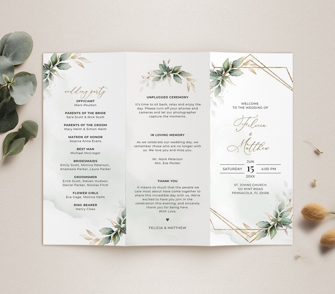 Trifold Wedding Program Template, Greenery Trifold Wedding Brochure ...