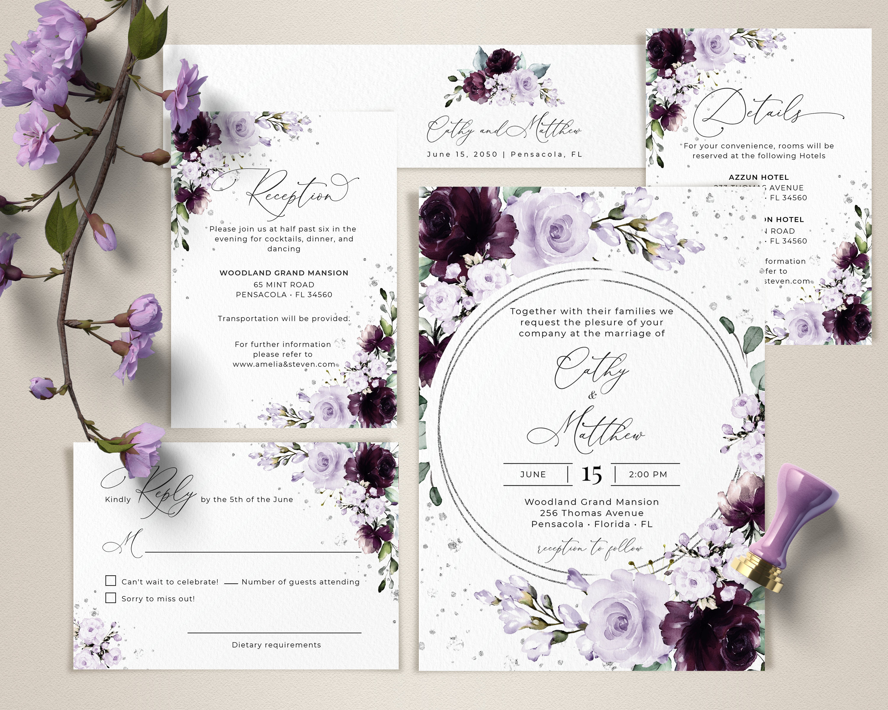 Paper & Party Supplies Invitations & Announcements foil Purple Wedding ...