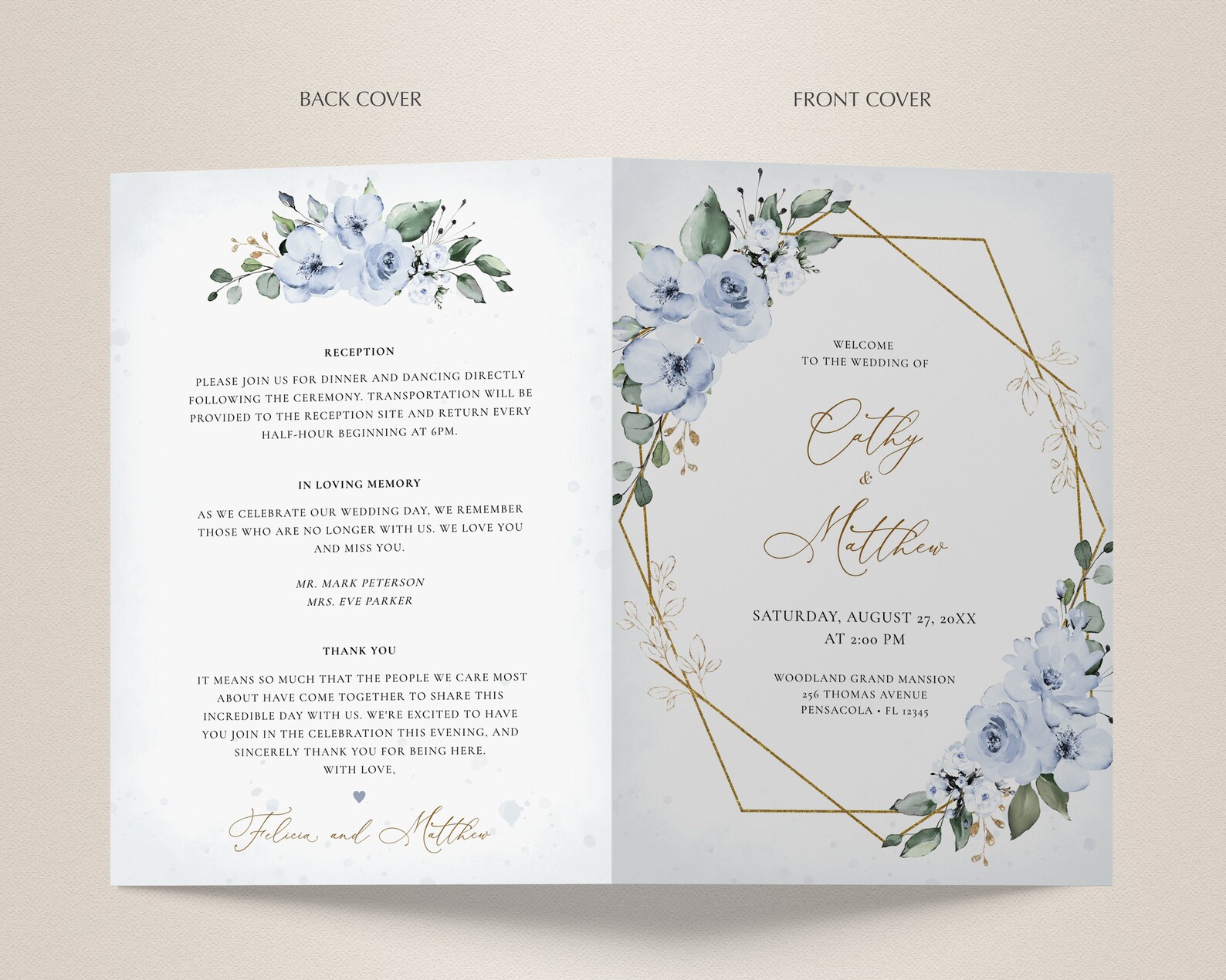 Folded Wedding Program Template With Dusty Blue Roses Wedding - Etsy